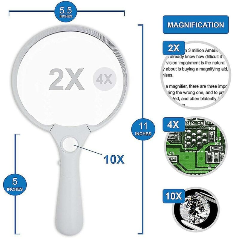 5.5 Inch Extra Large Led Handheld Magnifying Glass With Light - 2x 4x ...